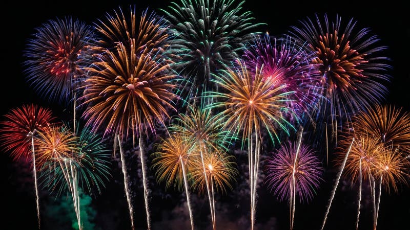 Vibrant Fireworks Light Up the Night Sky Over Water, Displaying an ...