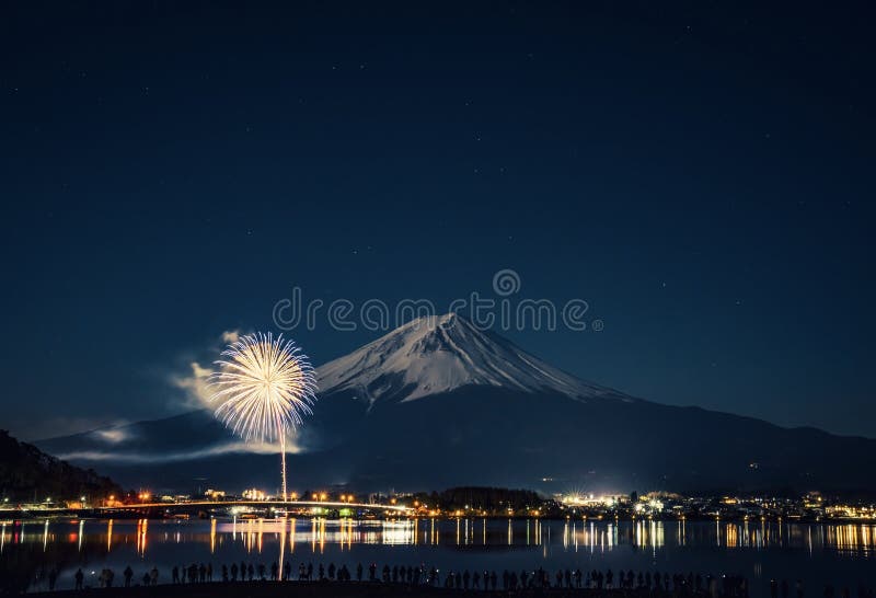 Vibrant Fireworks Light Up the Sky Above Mount Fuji at Night. Stock ...