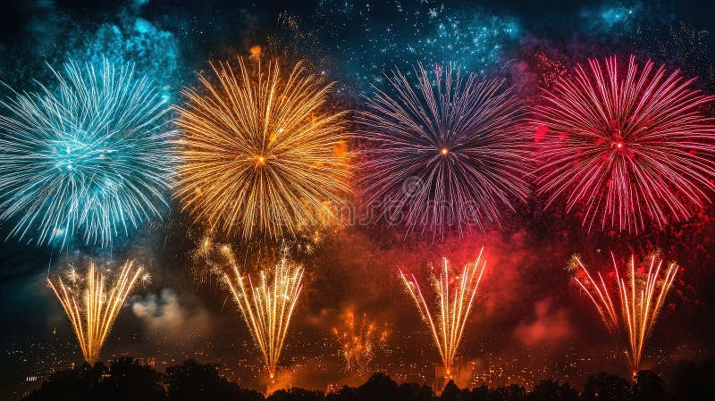 Vibrant Fireworks Light Up the Sky in High-Resolution Detail Stock ...