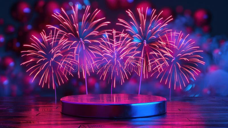 Vibrant Fireworks Over Circular Platform in Celebration Scene Stock ...