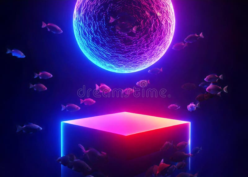 Underwater Illumination with Colorful Fish and Glowing Cube in a ...