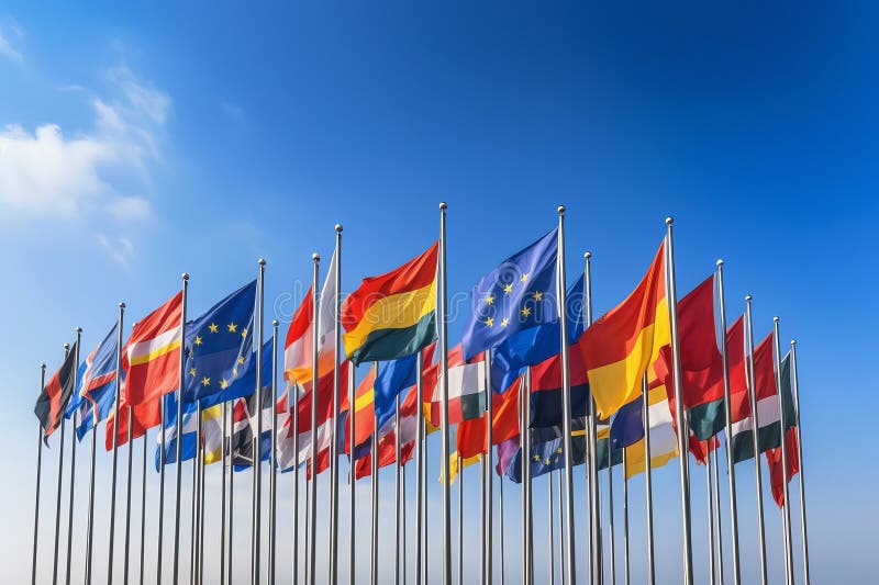 Vibrant Flags Waving Against a Clear Blue Sky in a Global Gathering ...