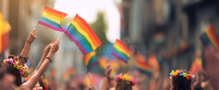 The Vibrant Flags Waving in Celebration at a Joyful Pride Parade. AI ...