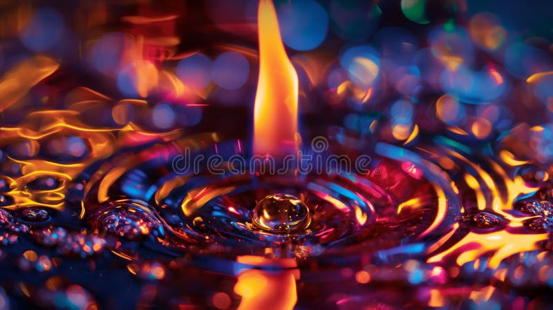 Vibrant Flame Rising from Colorful, Reflective Liquid with Bokeh ...