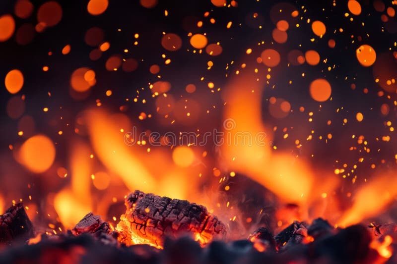 Vibrant Flames Dance in the Dark. Glowing Embers Float through the Air ...