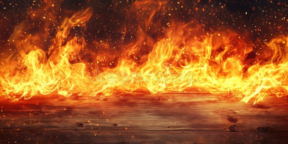 Vibrant Flames with Glowing Embers on Wooden Surface Creating Dramatic ...