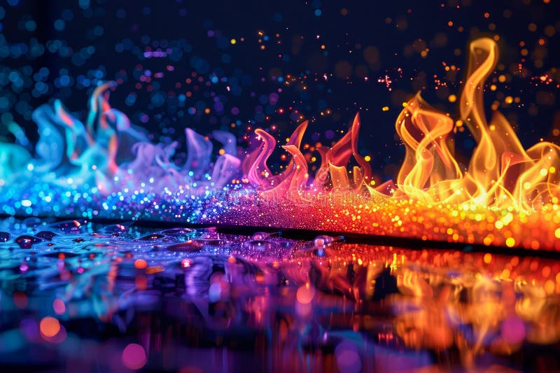 Vibrant Flames and Sparkling Particles on Reflective Surface with Vivid ...