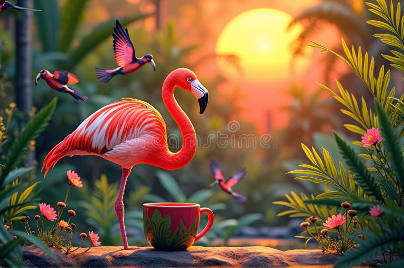 Vibrant Flamingo with Cup in Tropical Sunset Scene with Flying Birds ...