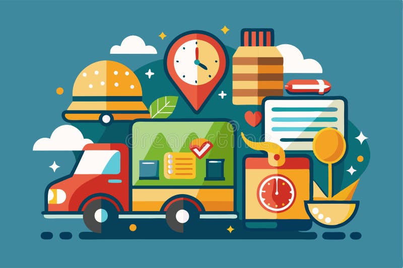 A Vibrant Flat Design Featuring Delivery Truck, Clock, and Order ...