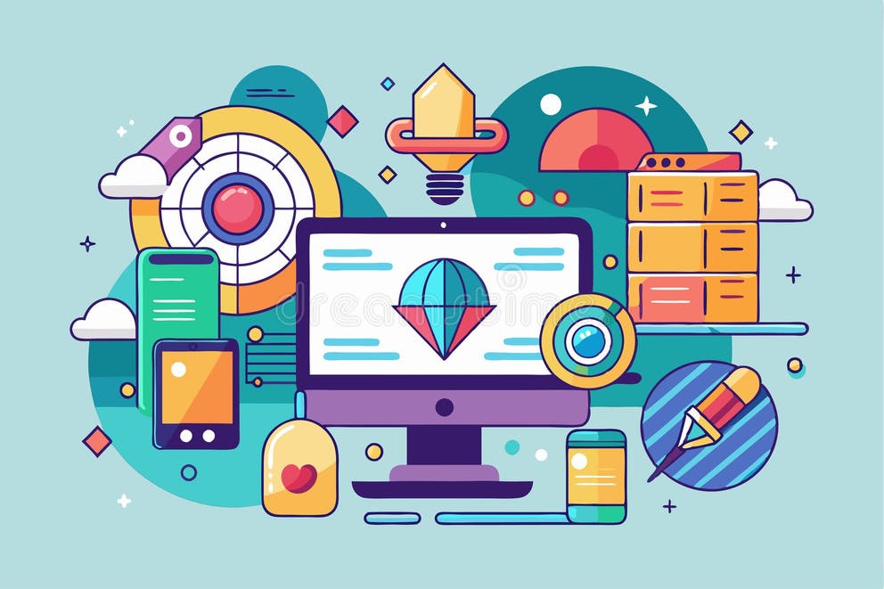 A Vibrant Flat Design Showcases Various Digital Tools and Elements Used ...