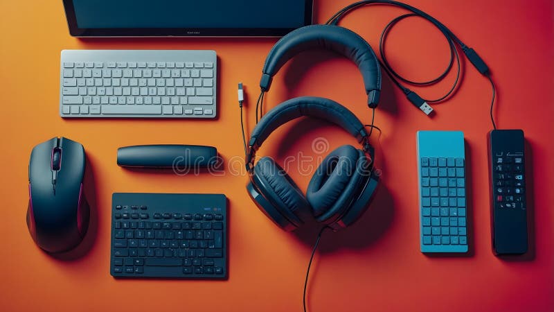 Vibrant Flat Illustration of Computer Peripherals: Keyboard, Mouse, and Headphones Stock Image ...