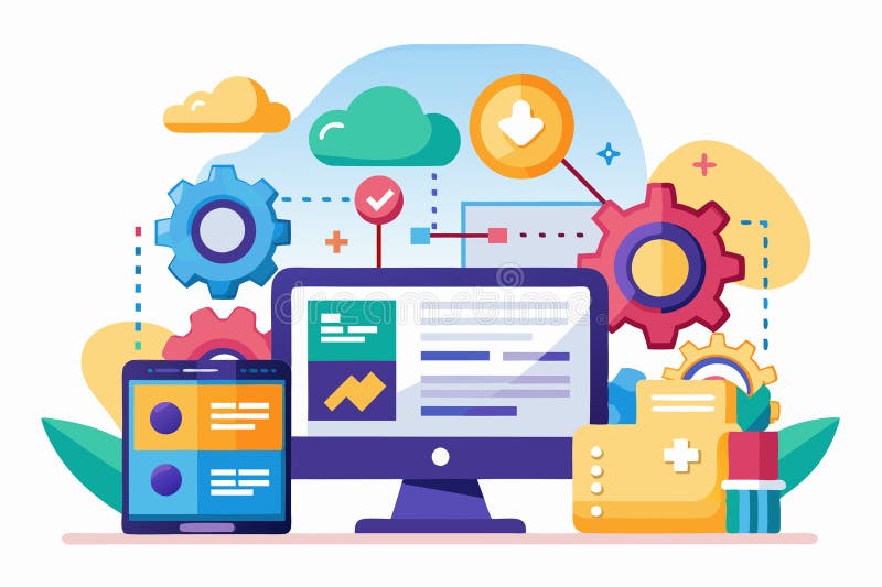 A Vibrant Flat Illustration Featuring Devices and Gears Representing ...