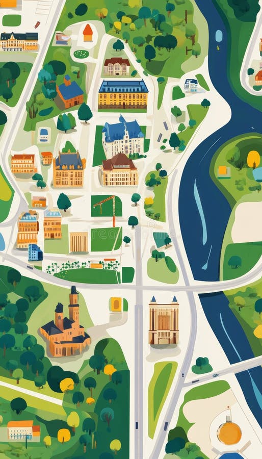 Vibrant Flat Illustration of a Local Area Map Highlighting Landmarks ...