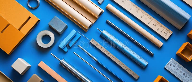Flat Lay of Assorted Craft and Measurement Tools on Blue Background ...