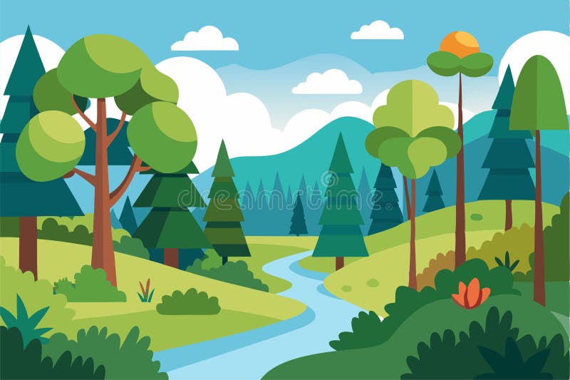 Flat Vector Illustration of a Serene Mountain Stream Landscape Stock ...