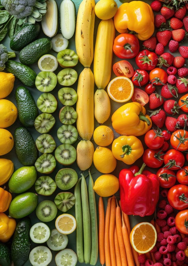 Vibrant Flatlay of Color Grouped Fruits and Vegetables on Seamless ...