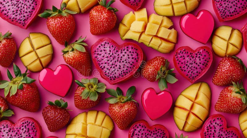 Romantic Heart Shaped Fruits Strawberries Mango Dragon Fruit Flatlay ...