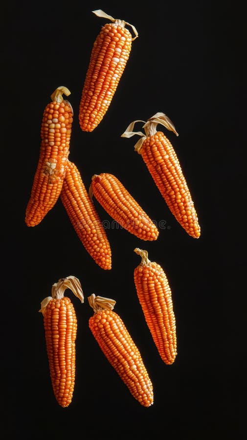 Vibrant Floating Corn Cobs on Black Background Stock Photo - Image of ...