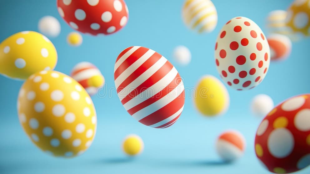 Vibrant Floating Easter Eggs with Bold Patterns on a Bright Blue Background Stock Illustration ...