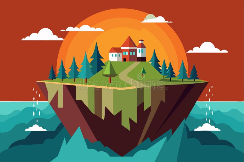 A Vibrant Floating Island Features a House and Trees Under a Sunset ...