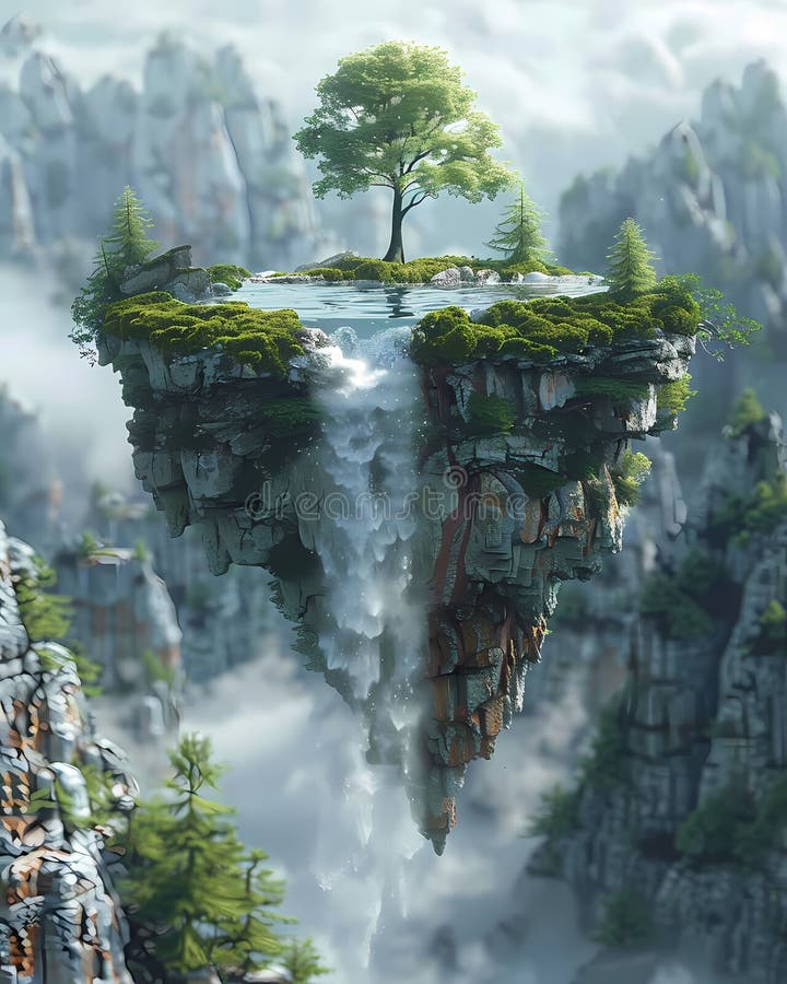 Vibrant Floating Mini-Island with Tree and Waterfall Overlooking ...