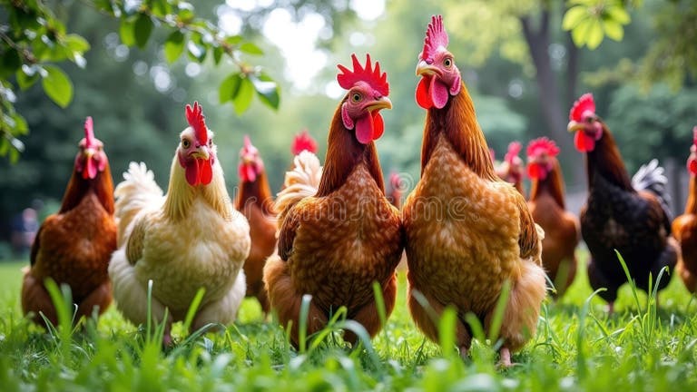 Vibrant Flock of Chickens in Lush Green Meadow Stock Image - Image of ...
