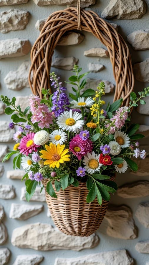 Vibrant Floral Basket on Rustic Stone Wall Stock Photo - Image of ...