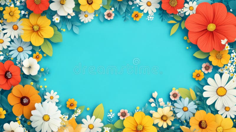 Vibrant Floral Border Encircles a Turquoise Background Stock ...
