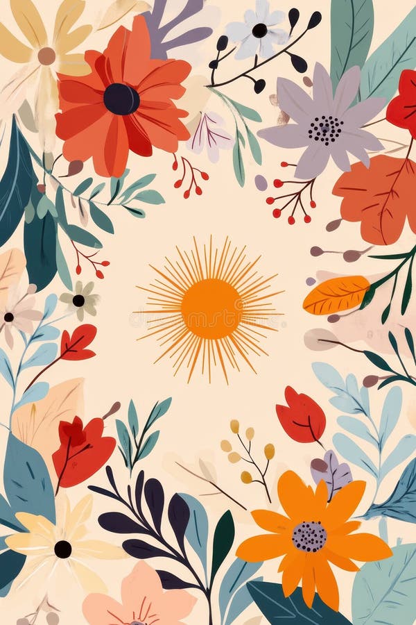 Vibrant Floral Border with Sun on Cream Background. Stock Image - Image ...