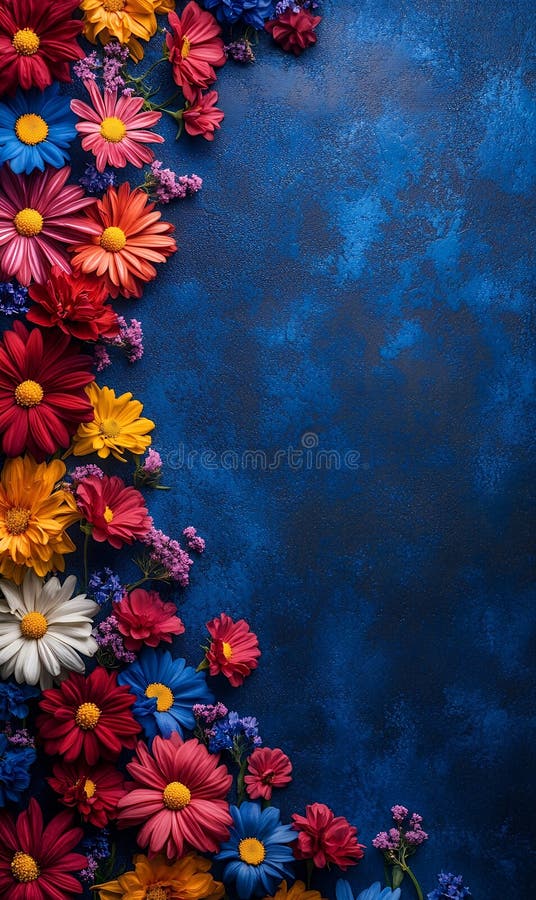 Vibrant Floral Cascade on Textured Cerulean Backdrop Providing Visual ...
