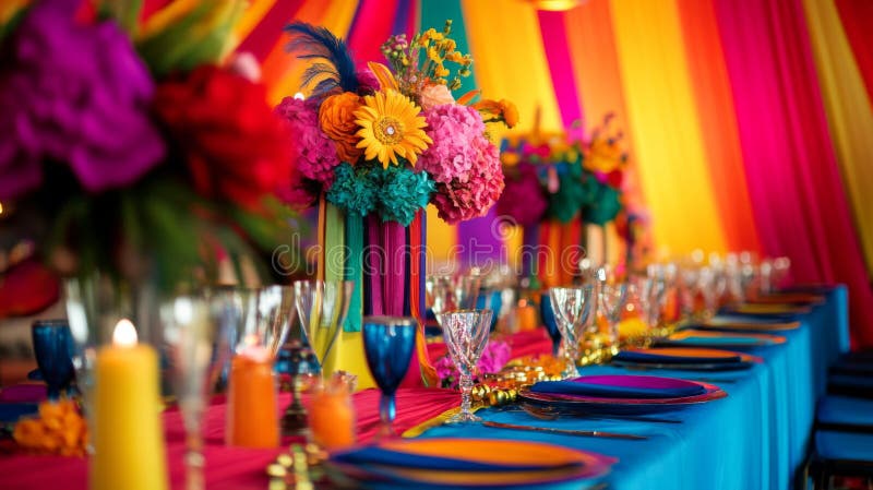 Vibrant Floral Centerpieces and Colorful Table Setting for Festive ...