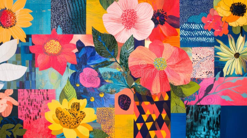 Vibrant Floral Collage Artwork with Colorful Flowers and Abstract ...