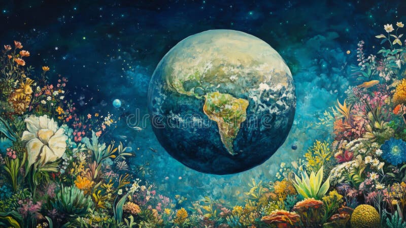 Vibrant Floral Earth in a Starry Night Sky Stock Illustration ...