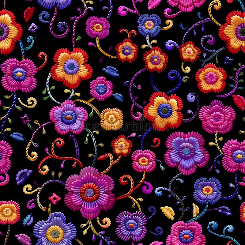 A Vibrant Floral Embroidery Design on a Black Background Stock ...