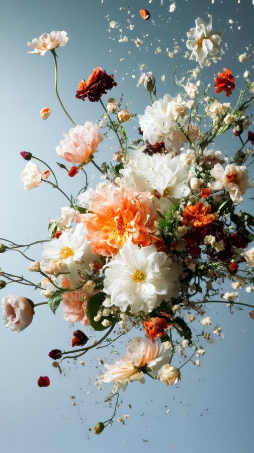 Vibrant Floral Explosion with Assorted Blooms in Dynamic Motion Stock ...