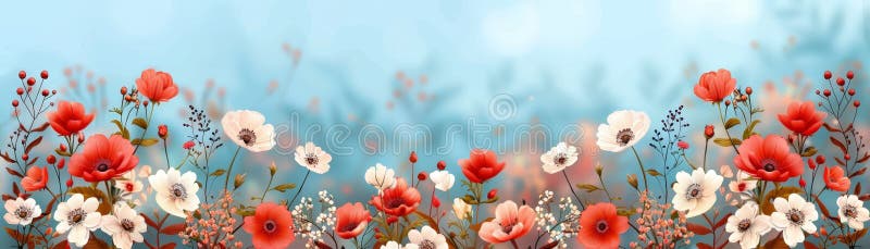 Vibrant Floral Field with Red and White Flowers Stock Illustration ...