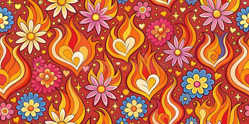 Vibrant Floral and Flame Design a Psychedelic Seamless Pattern for ...