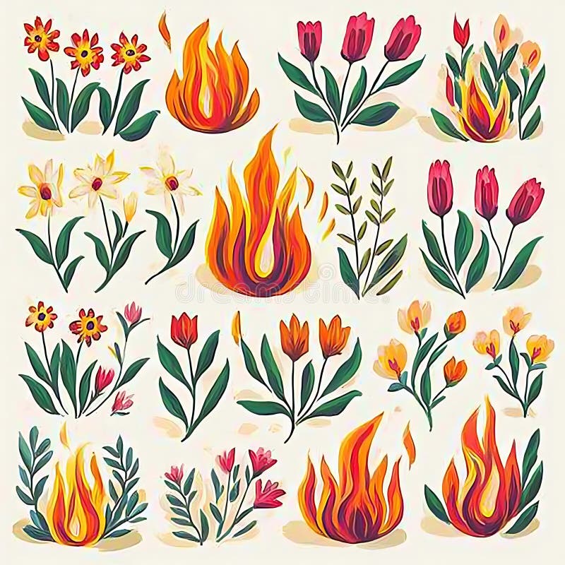 Vibrant Floral and Flame Elements a Collection of HandPainted Designs ...