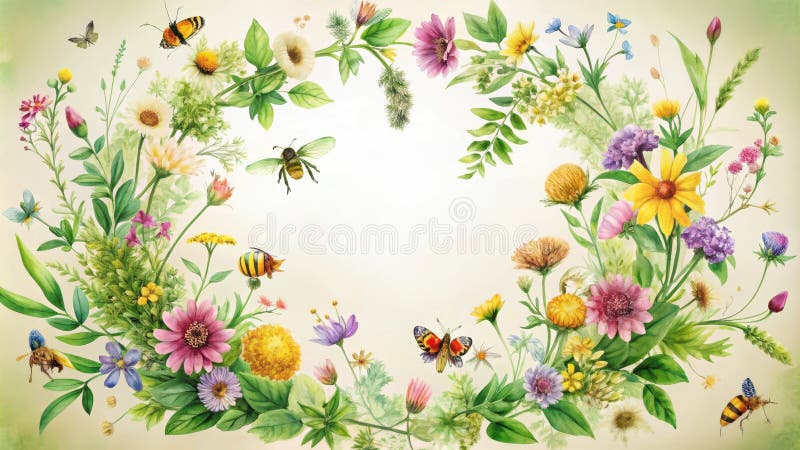 Vibrant Floral Frame with Bees and Butterflies a Botanical Illustration Featuring a Delicate ...