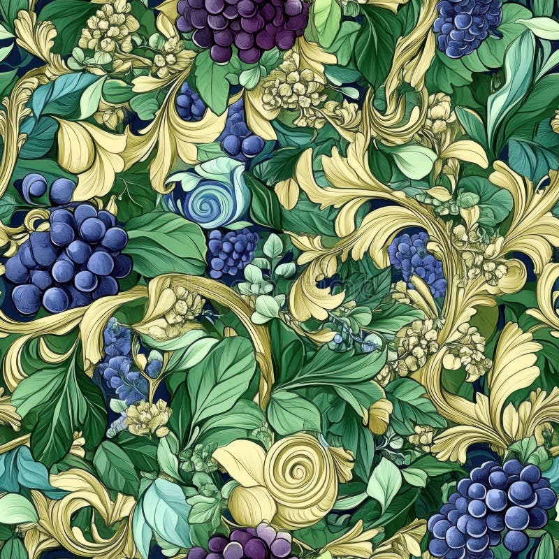 Vibrant Floral and Fruit Pattern Illustration with Lush Greenery Stock ...