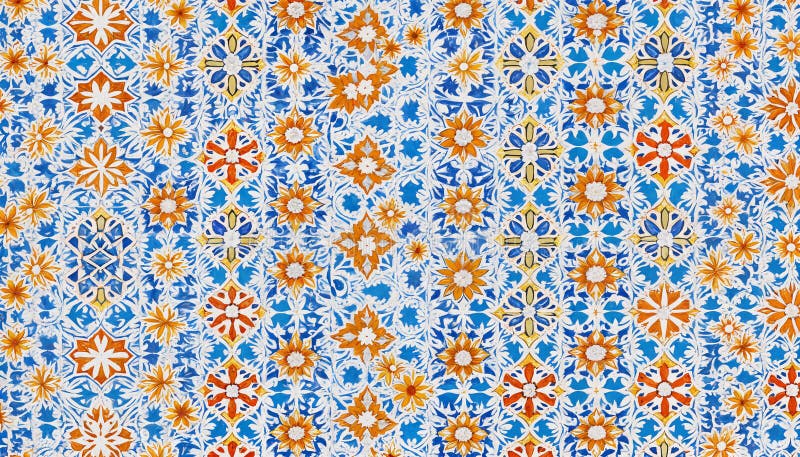 Vibrant Floral Geometric Tile Pattern in Blue, Orange, and White Colors ...