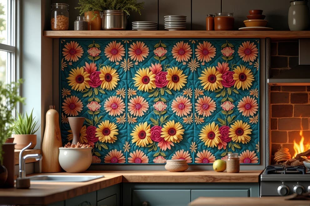 Vibrant Floral Kitchen Backsplash Design with Sunflowers and Roses ...