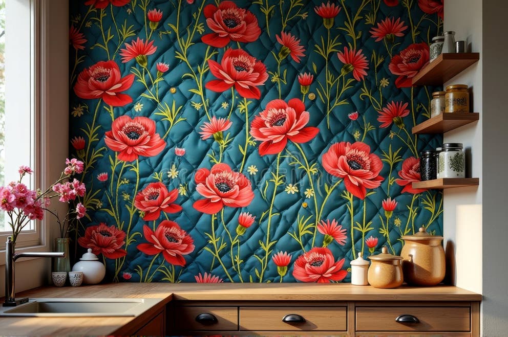 Vibrant Floral Kitchen Wall with Red Poppies and Rustic Shelves Stock ...