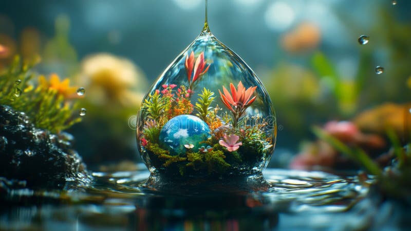 Vibrant Floral Miniature World Inside a Water Droplet Stock ...
