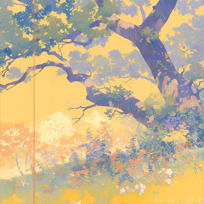 Vibrant Floral Motifs on Weathered Tree Stock Illustration ...