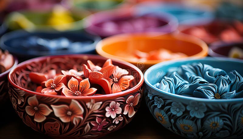 Vibrant Floral Pattern Adorns Earthenware Bowl in East Asian Still Life ...