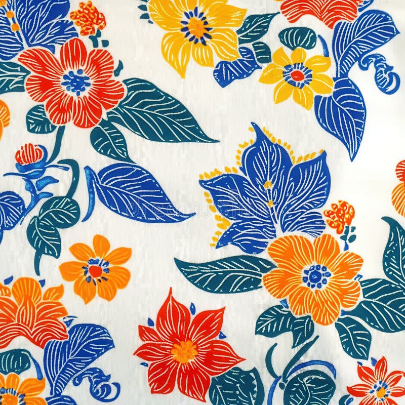 A Vibrant Floral Pattern Featuring Red, Orange, Yellow, and Blue Flowers on a White Background ...