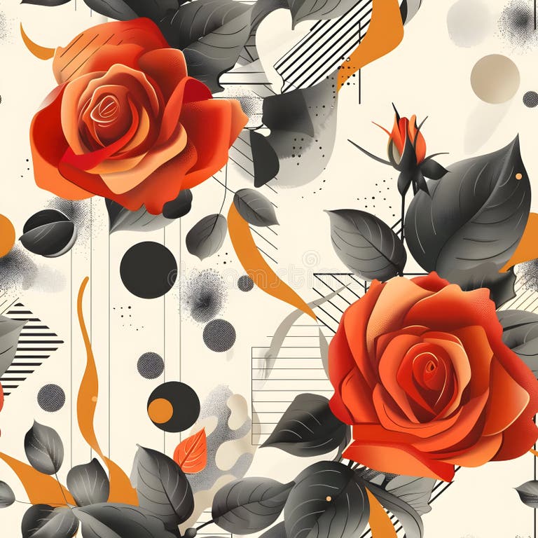 A Vibrant Floral Pattern Featuring Red Roses and Abstract Shapes Stock ...