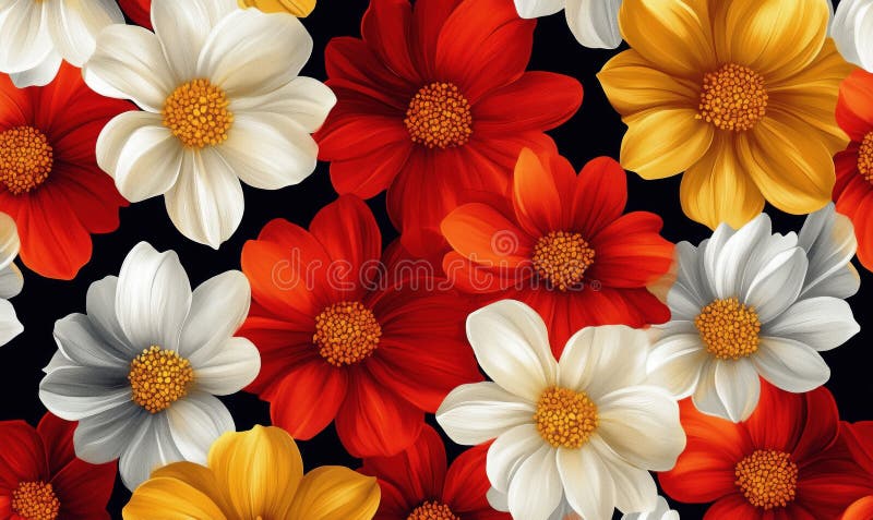Vibrant Floral Pattern Featuring Red Yellow White Flowers Black Background Stock Photos - Free ...