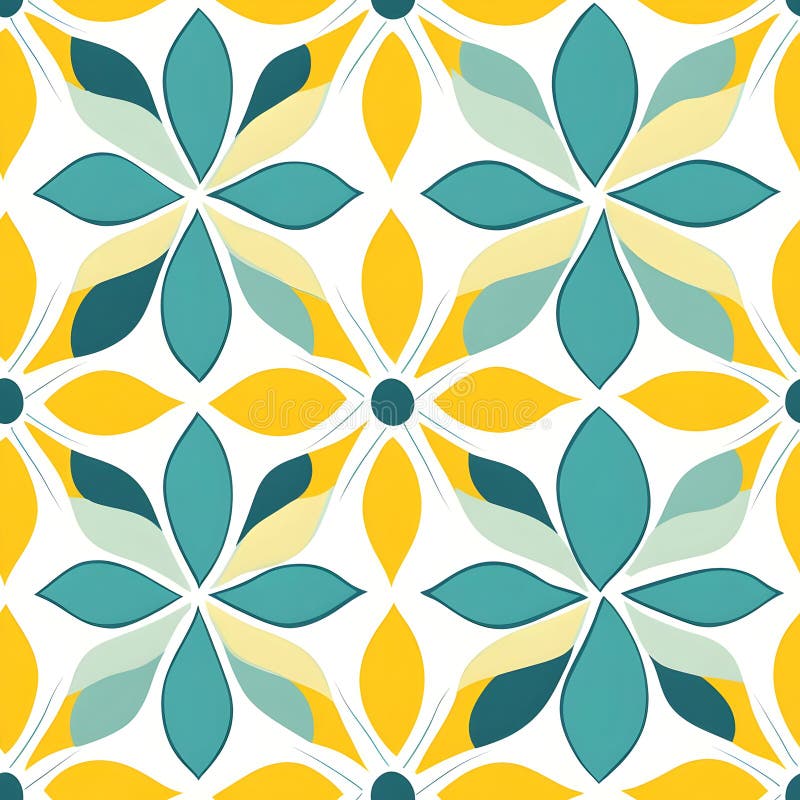 A Vibrant Floral Pattern Featuring Teal, Yellow, and White Colors Stock ...